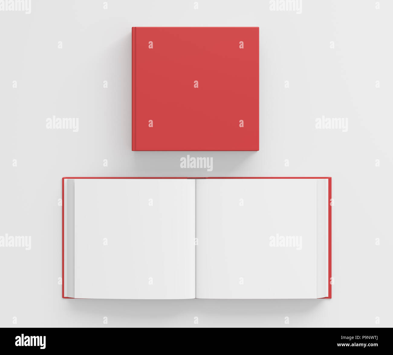 Open and closed blank square book with red cover isolated on white ...