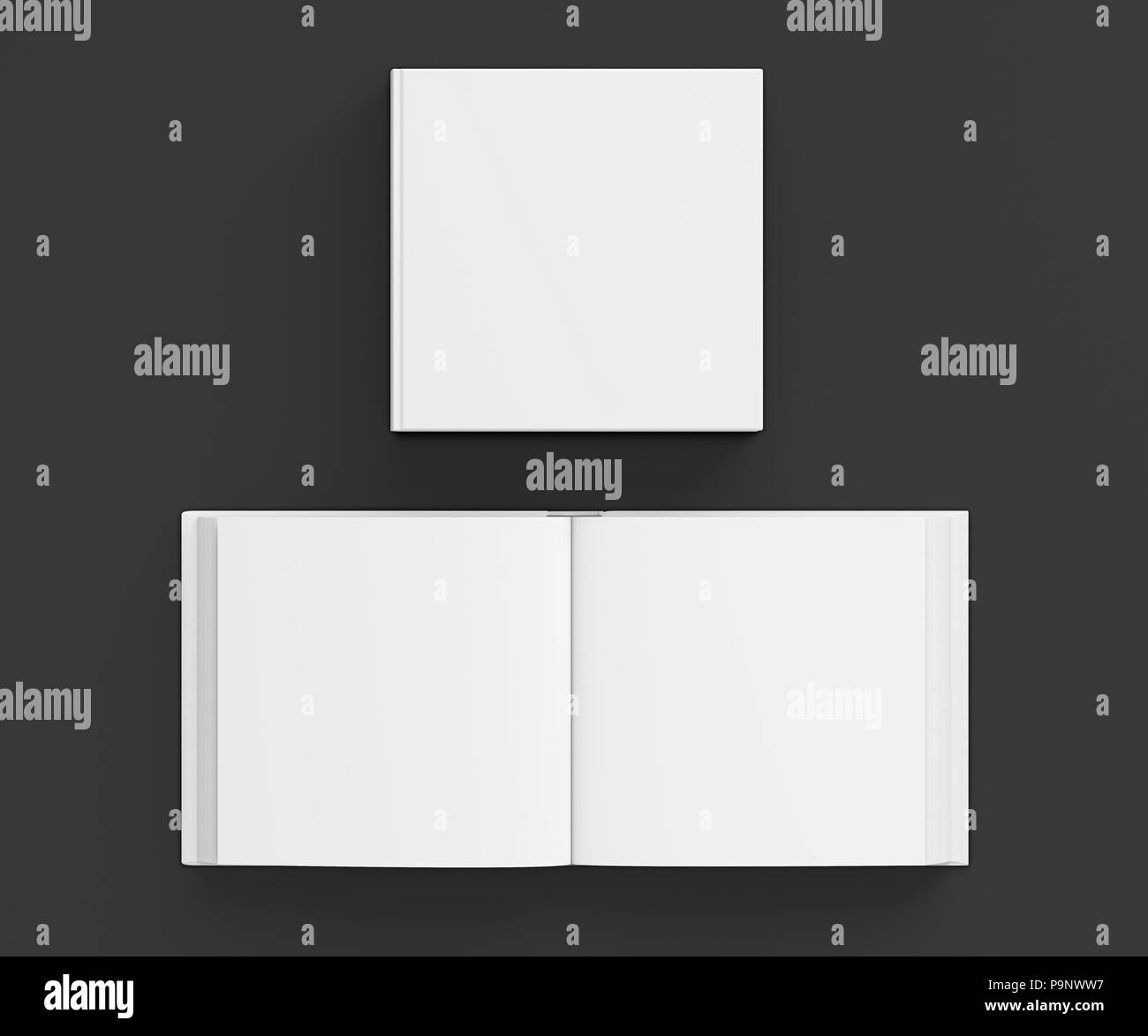 Open and closed blank square book with white cover isolated on black ...
