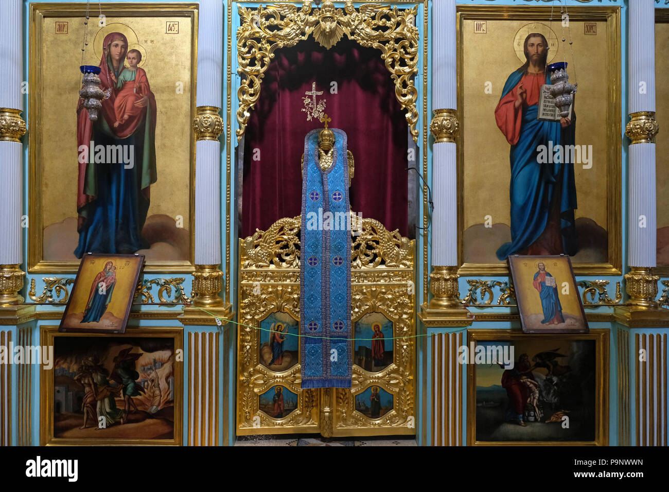 The iconostasis decorated with religious icons inside the Church of St Gerasimos in the Greek ...