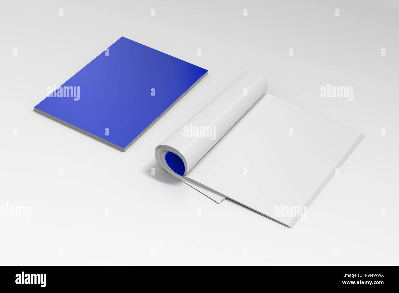 Blank blue magazine with glossy paper on white background. Open and ...