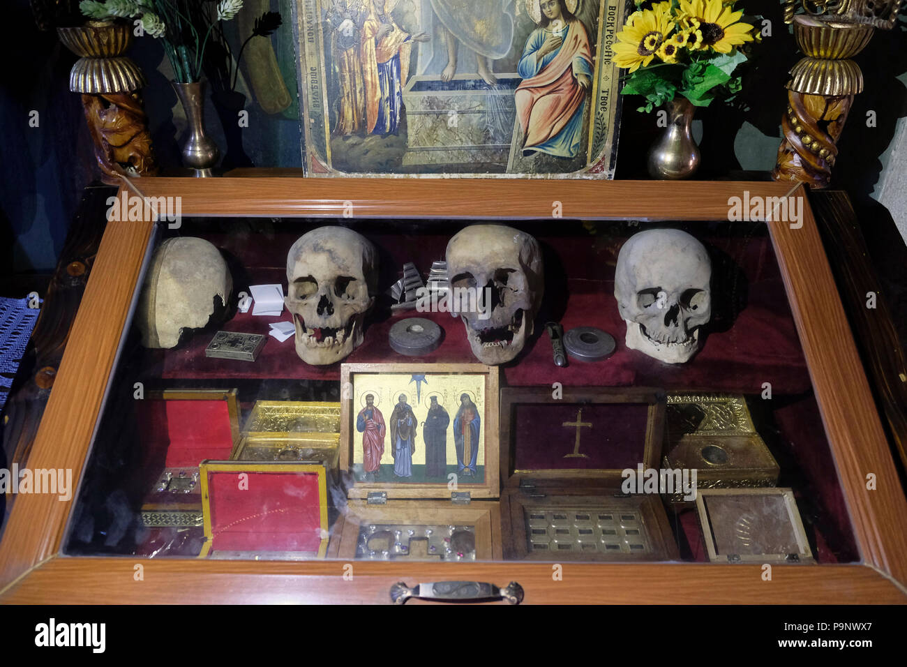 Reliquary containing skulls of monks displayed inside the Church of St ...