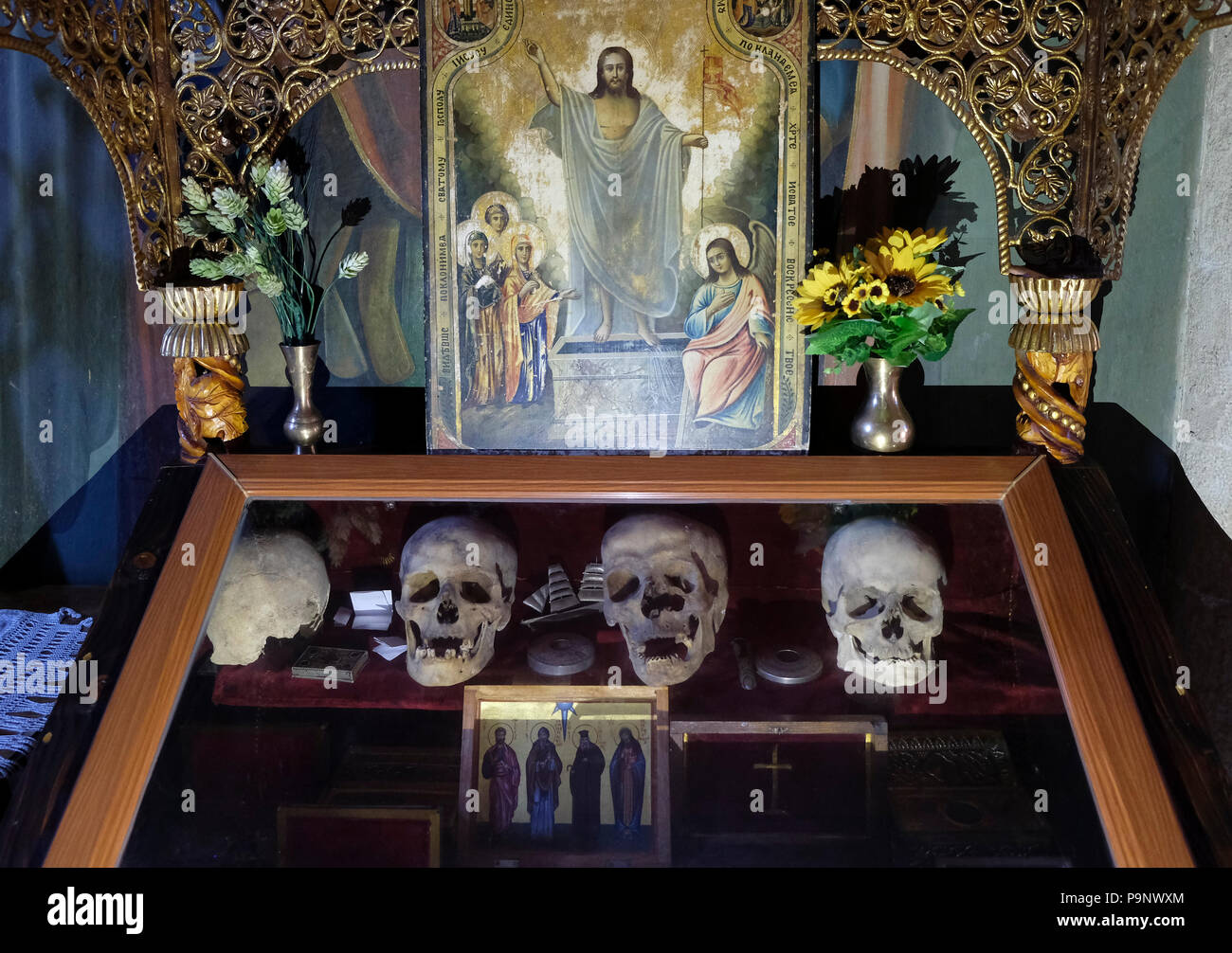 Reliquary containing skulls of monks displayed inside the Church of St ...