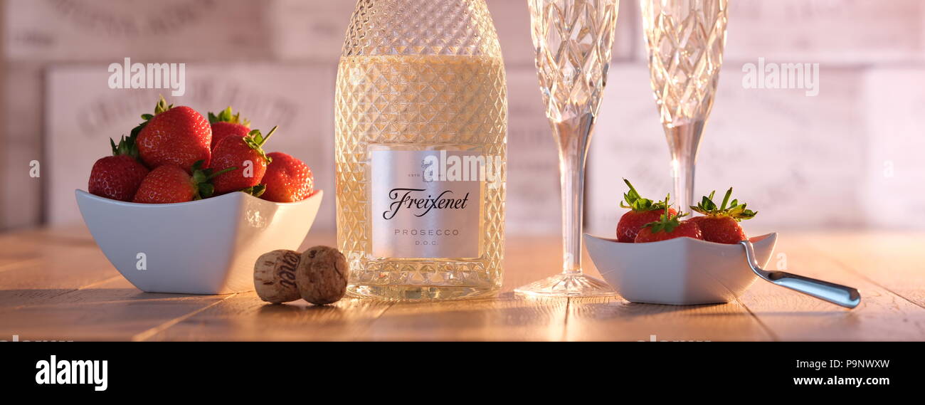 Prosecco and Strawberries cut crystal glasses flower wallpaper wooden ...