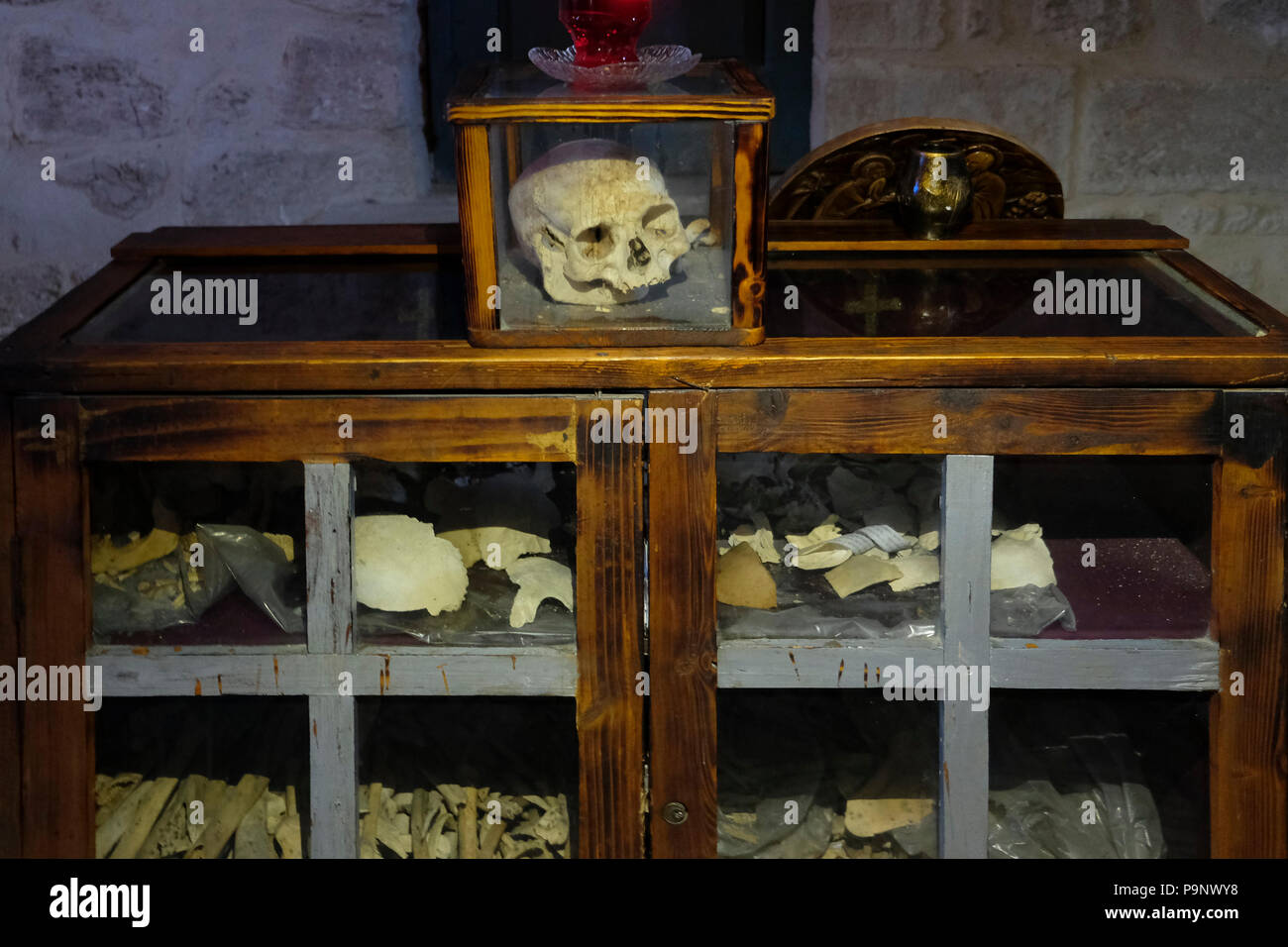 Skulls of monks displayed inside the Church of St Gerasimos in the ...