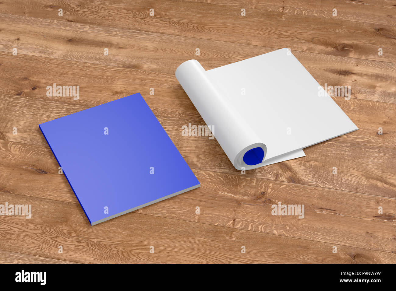 Blank blue magazine with glossy paper on wooden background. Open and ...