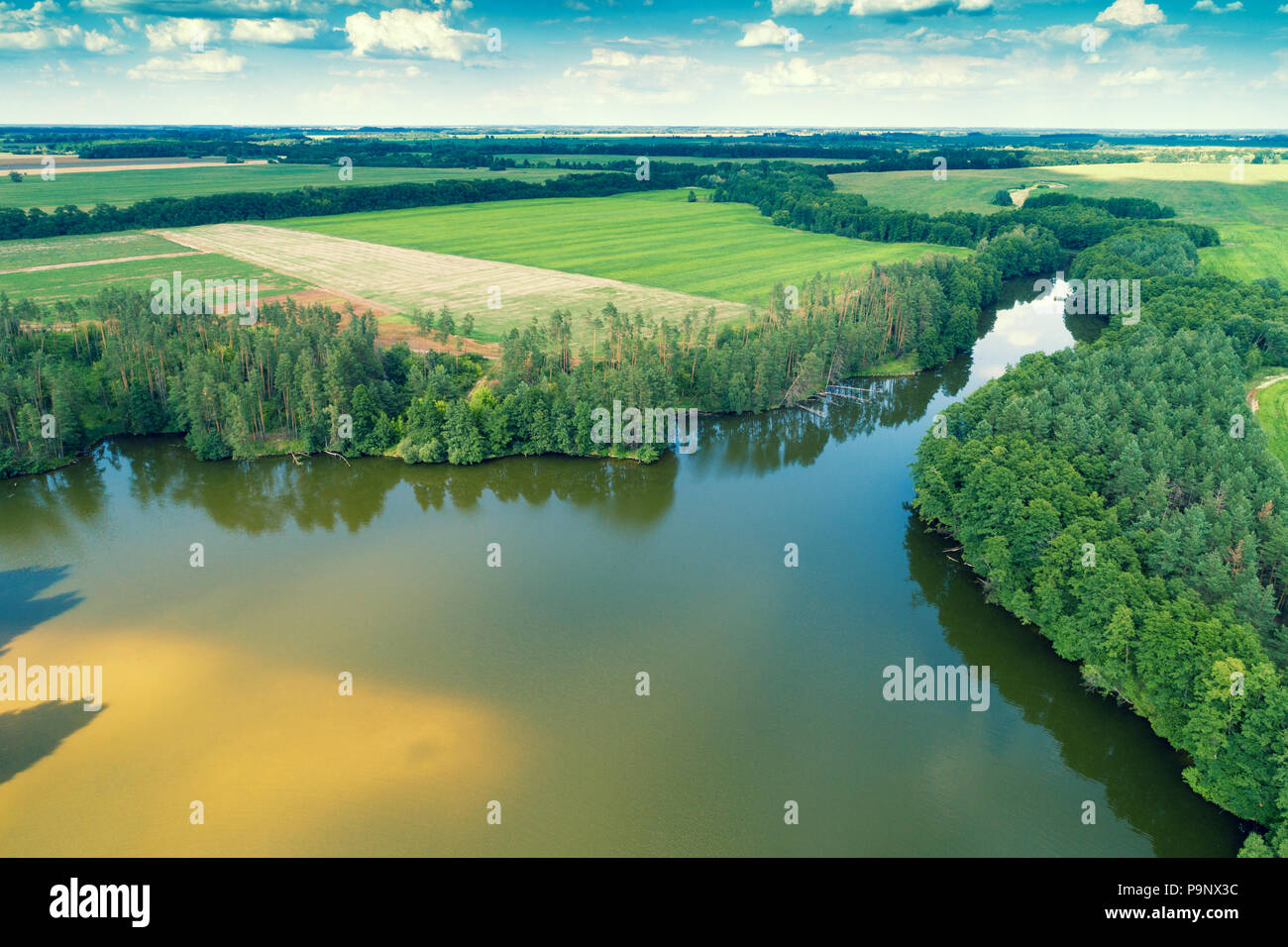Aerial view of countryside and river. Forest along the river Stock ...