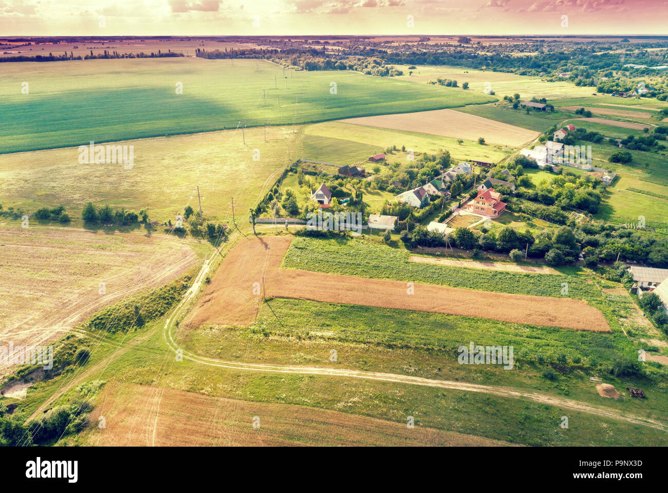 Aerial drone view of countryside, rural landscape with beautiful cloudy ...