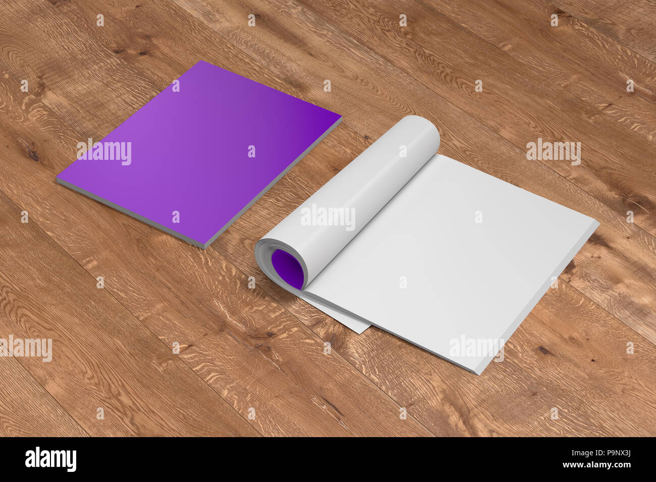 Blank violet magazine with glossy paper on wooden background. Open and ...