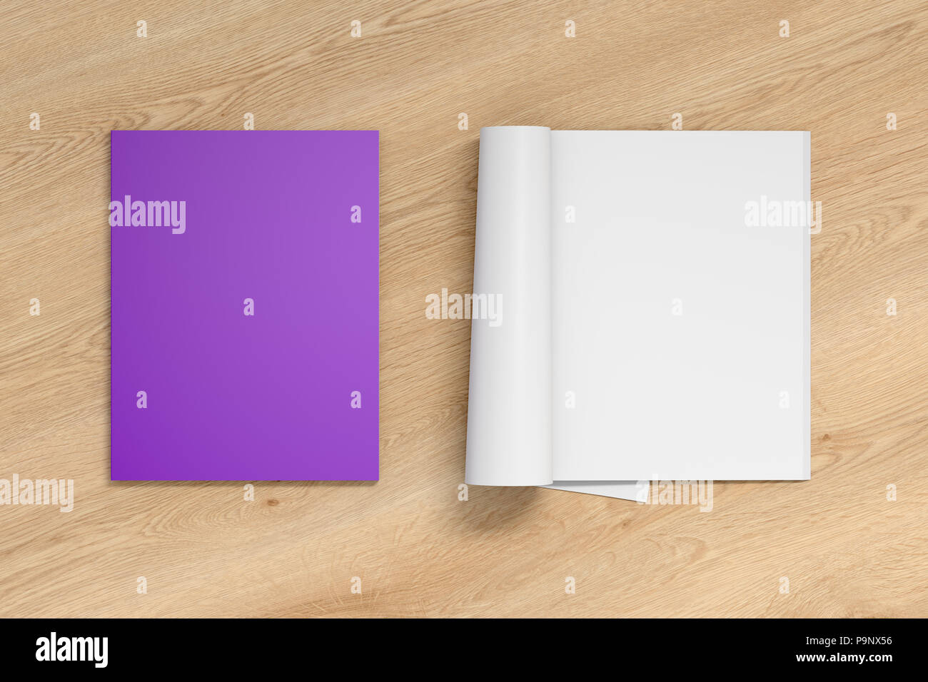Blank violet magazine with glossy paper on wooden background. Open and ...