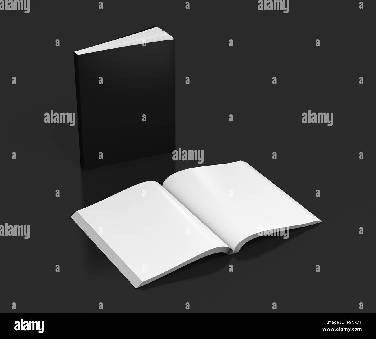 Blank black vertical soft cover books open and standing on black ...