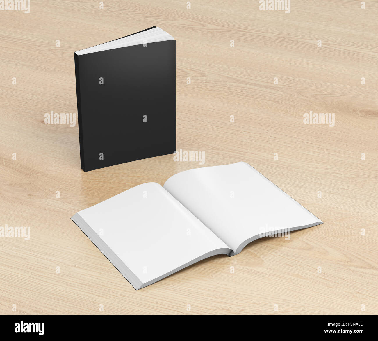 Blank black vertical soft cover books open and standing on wooden ...