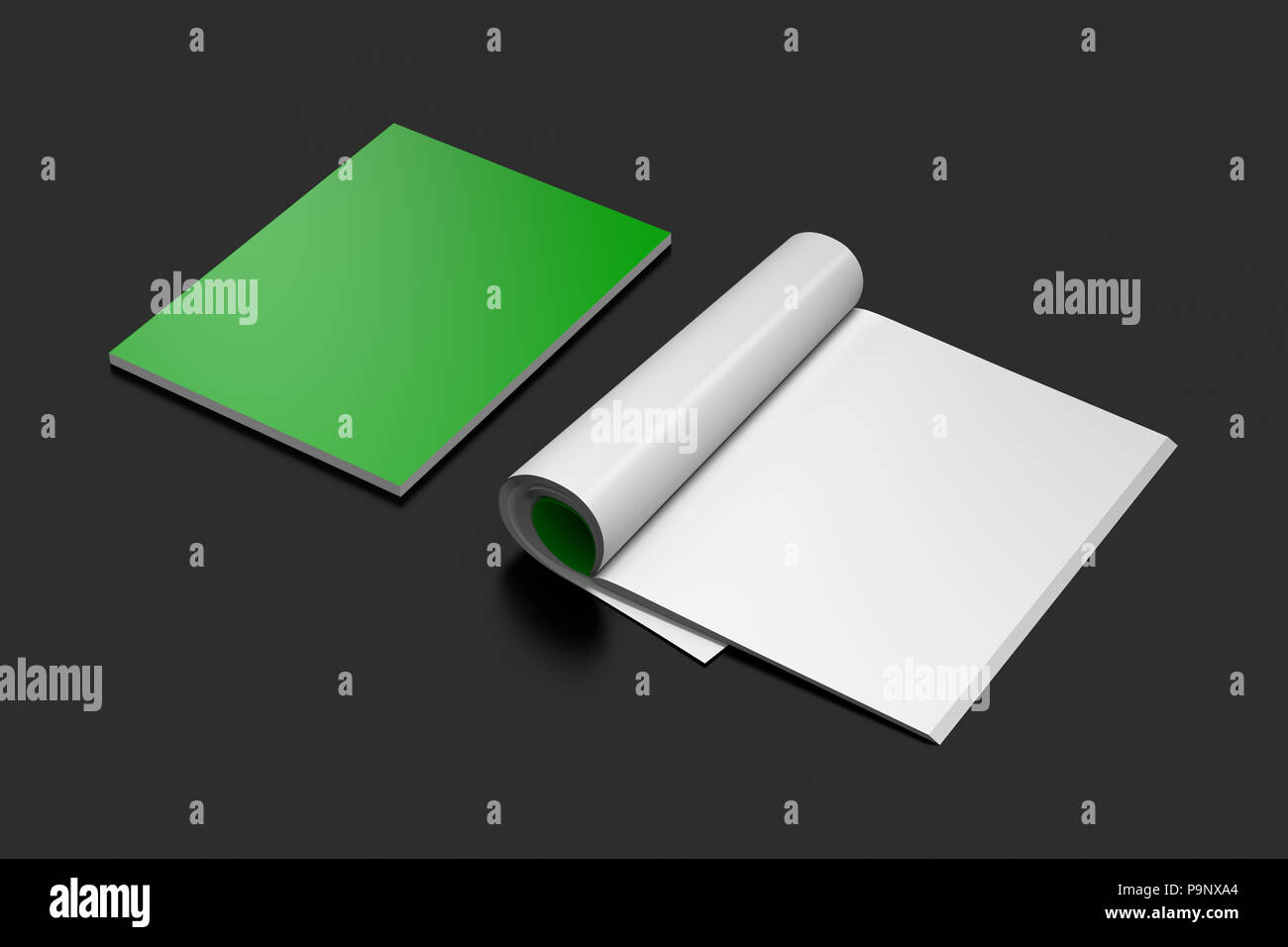 Blank green magazine with glossy paper on black background. Open and ...