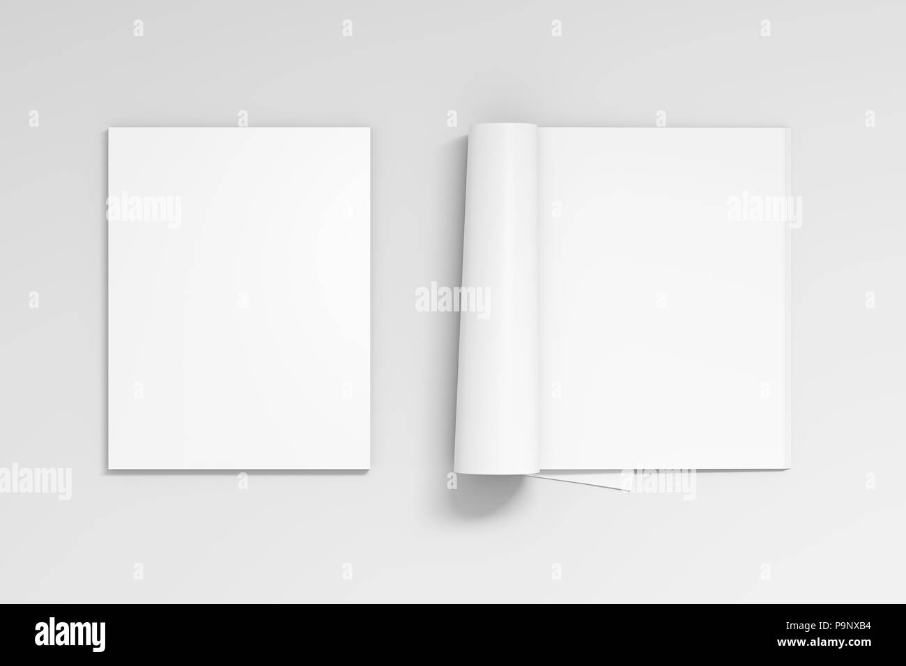 Blank white magazine with glossy paper on white background. Open and ...