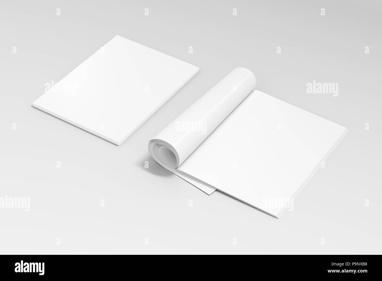 Blank white magazine with glossy paper on white background. Open and ...