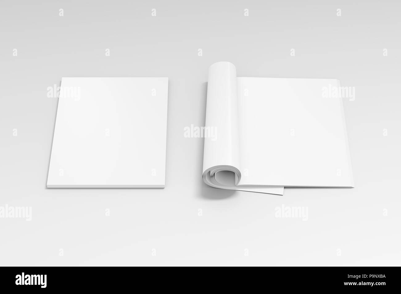 Blank white magazine with glossy paper on white background. Open and ...