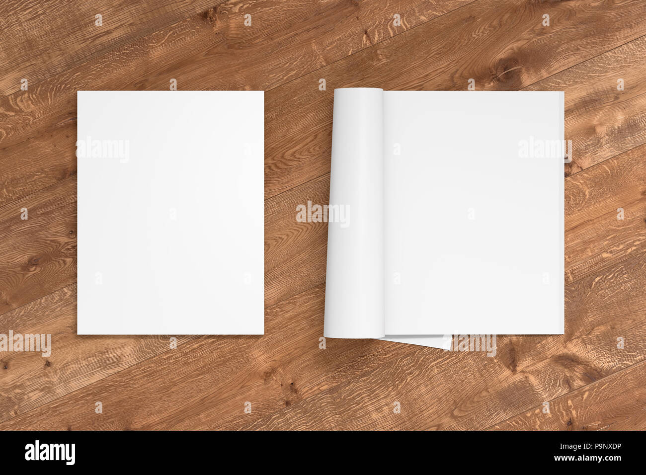 Blank white magazine with glossy paper on wooden background. Open and ...