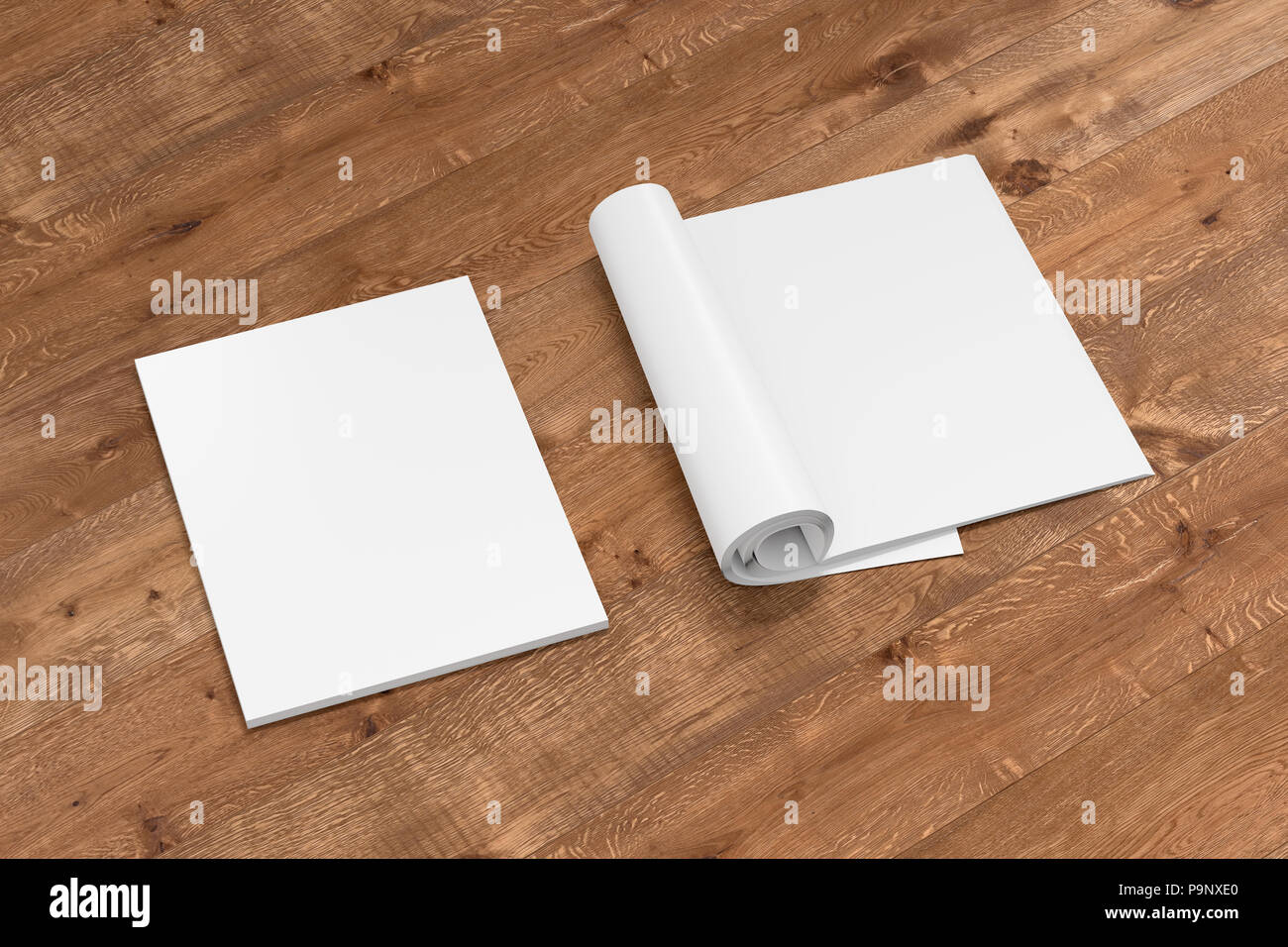 Blank white magazine with glossy paper on wooden background. Open and ...