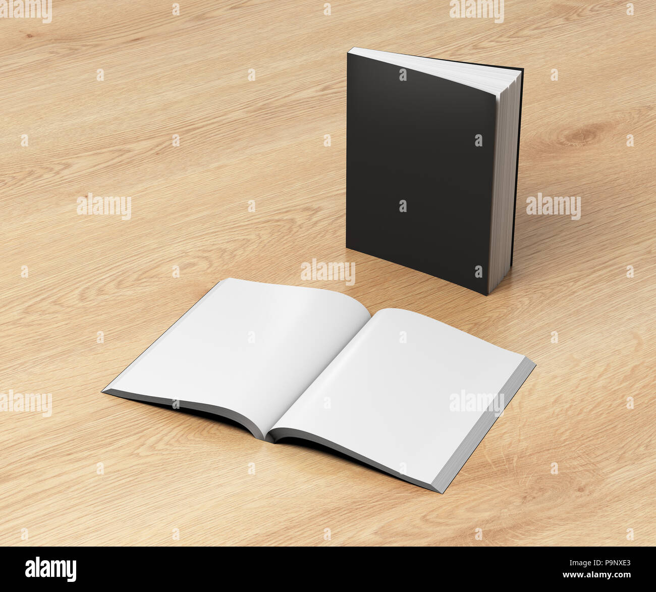 Blank black vertical soft cover books open and standing on wooden ...