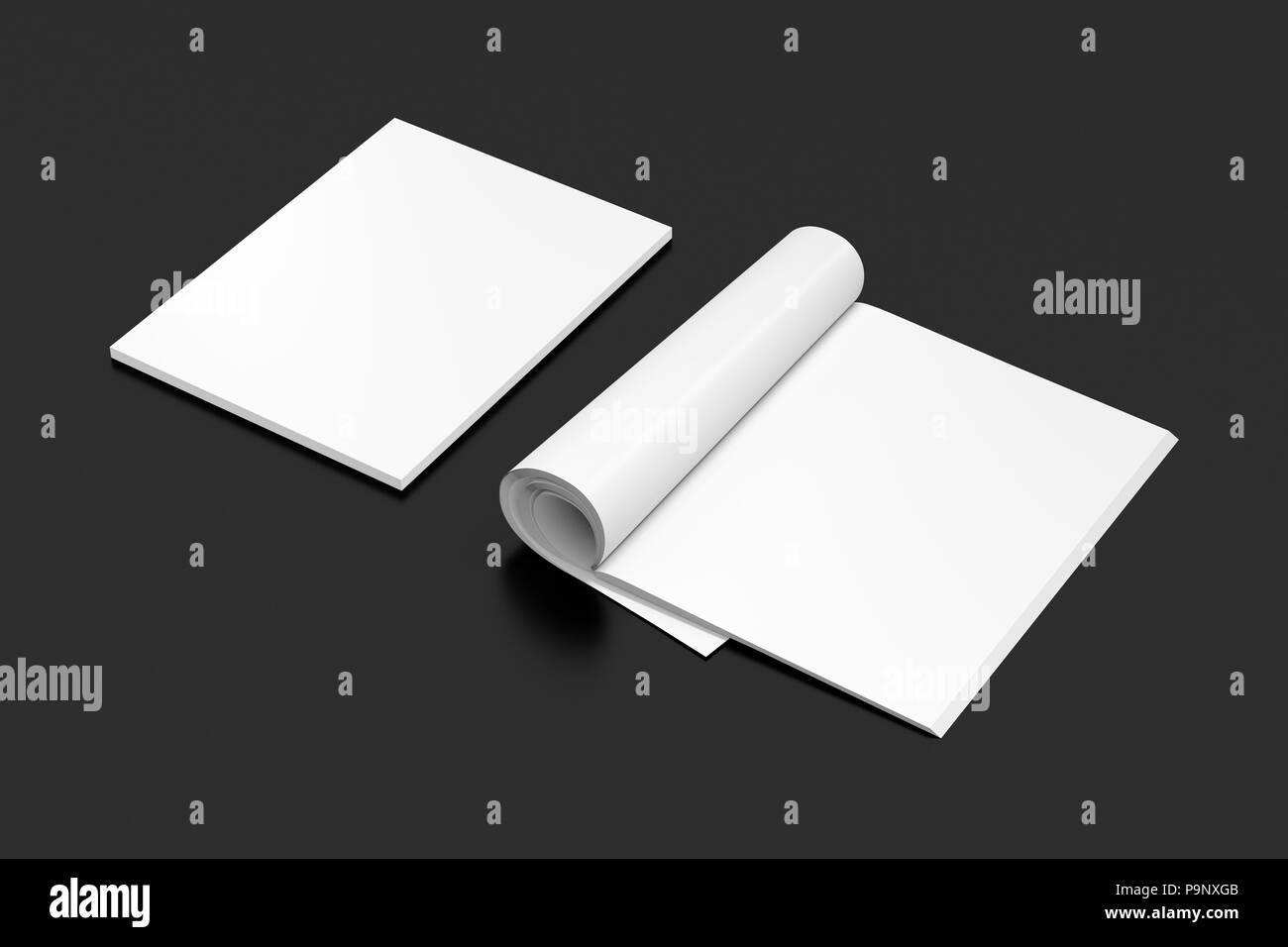 Blank white magazine with glossy paper on black background. Open and ...