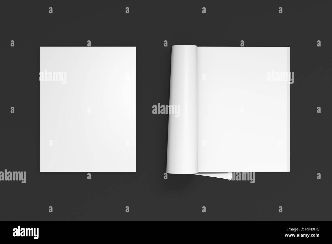 Blank white magazine with glossy paper on black background. Open and ...