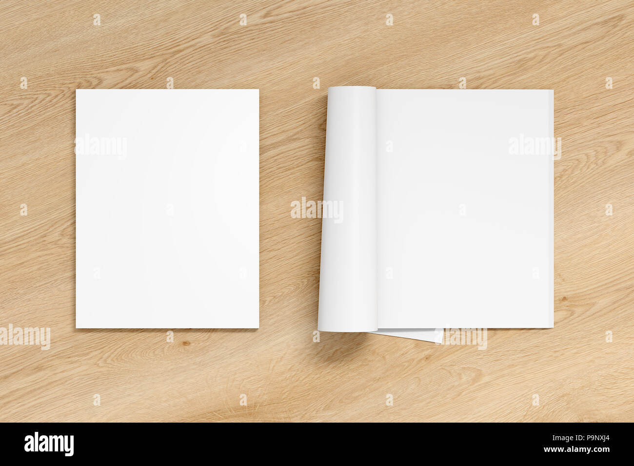 Blank white magazine with glossy paper on wooden background. Open and ...