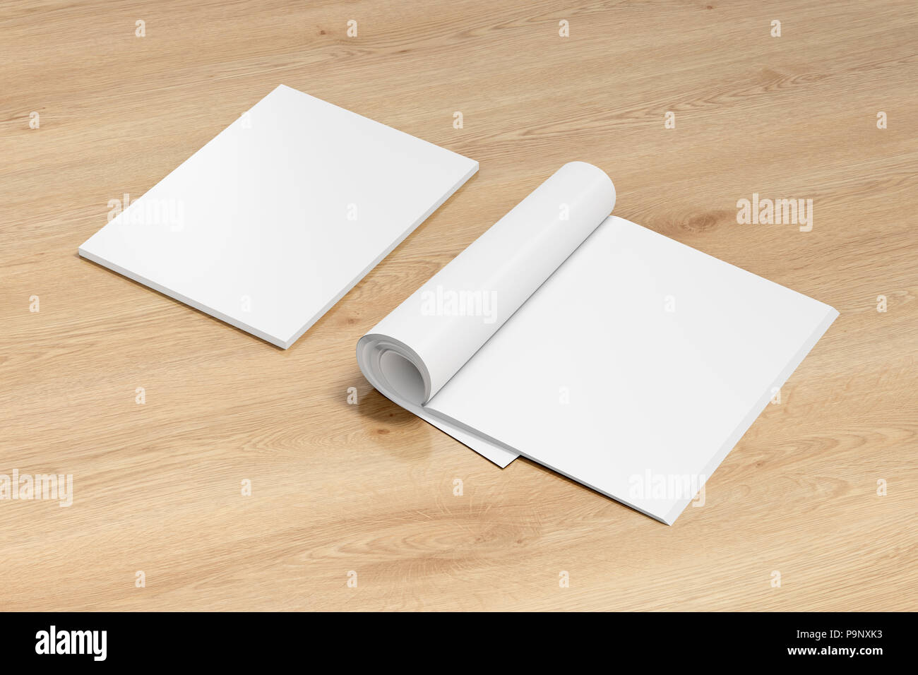 Blank white magazine with glossy paper on wooden background. Open and ...
