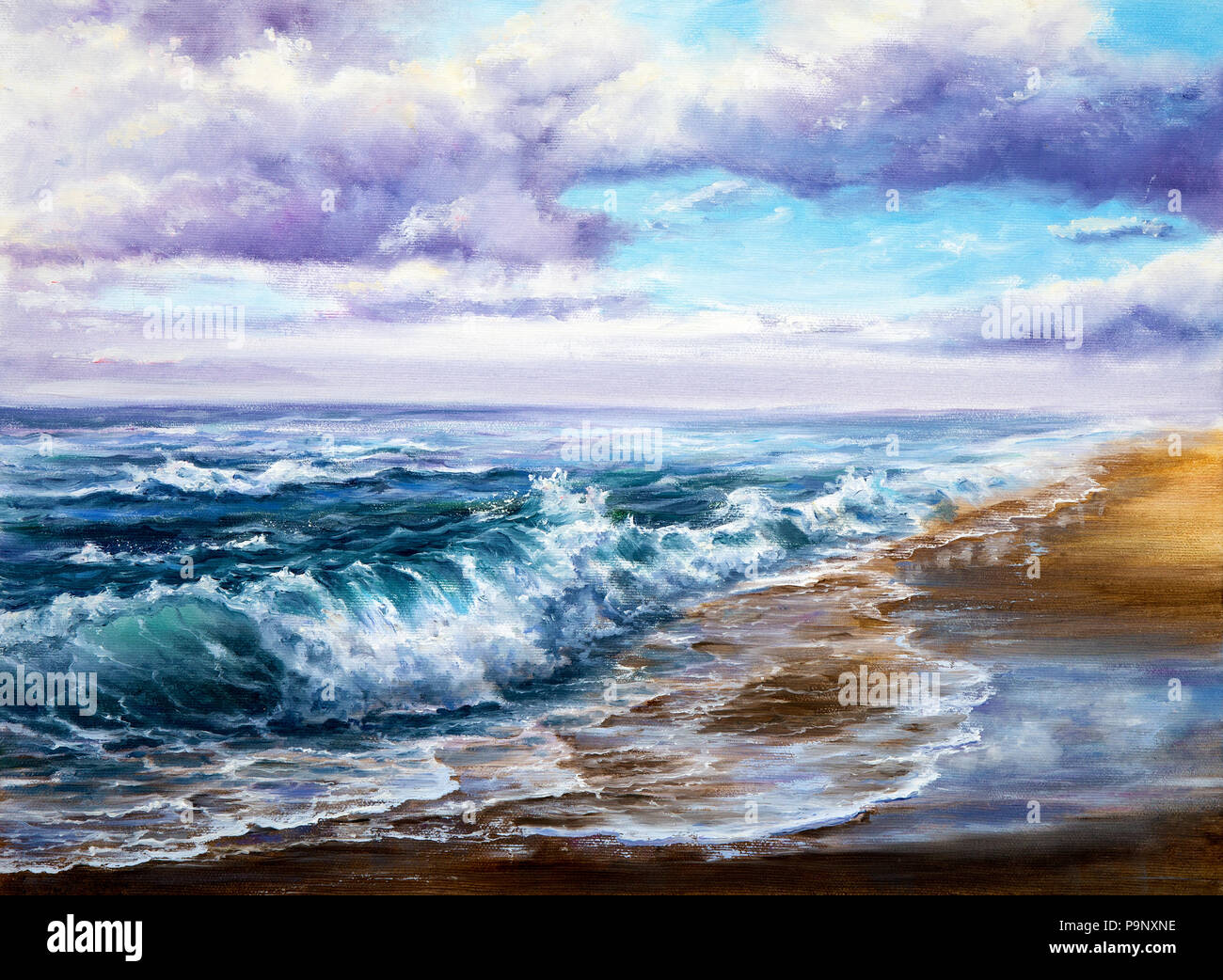 Original oil painting showing waves in ocean or sea on canvas. Modern ...