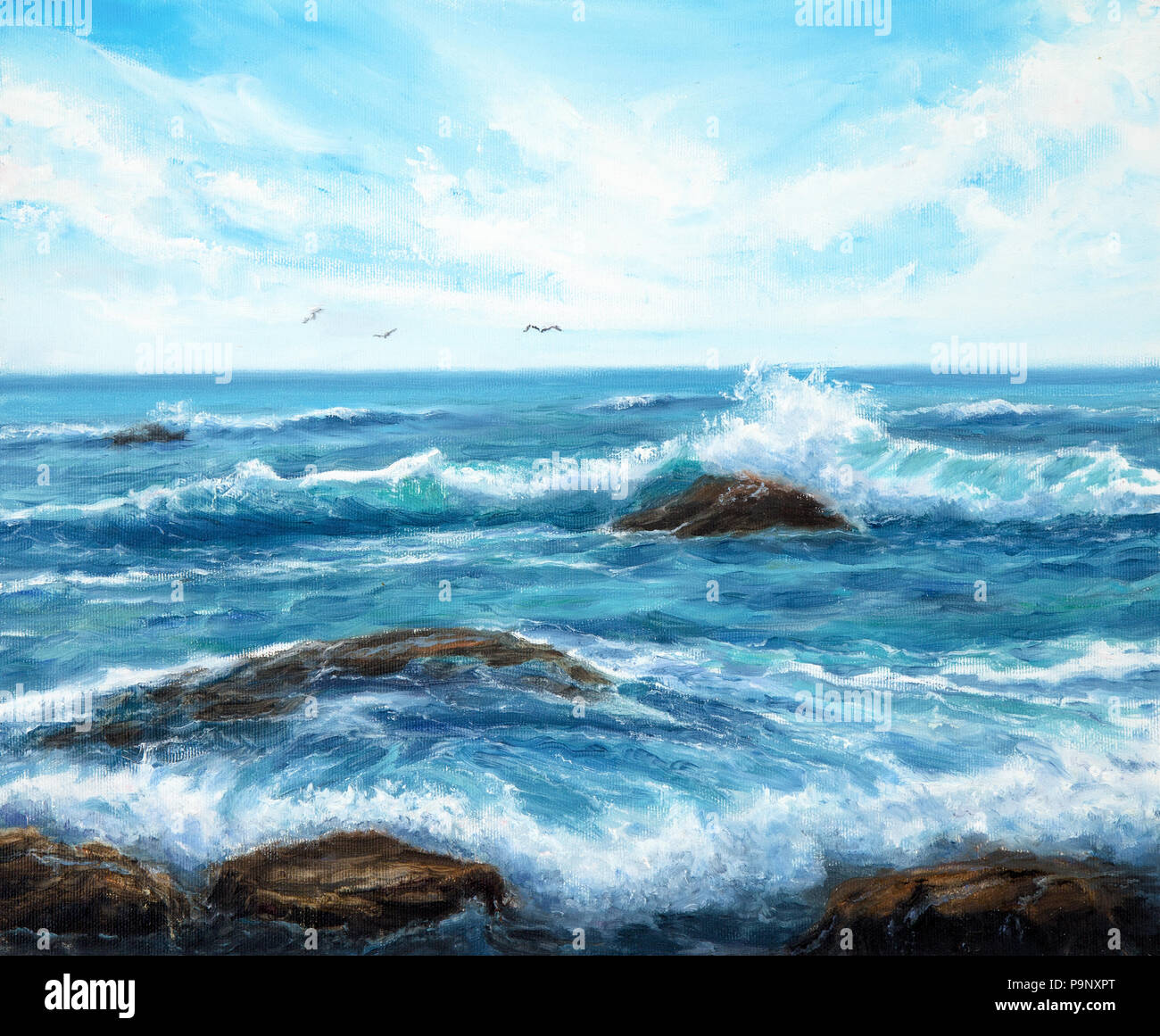 Original oil painting showing waves in ocean or sea on canvas. Modern ...