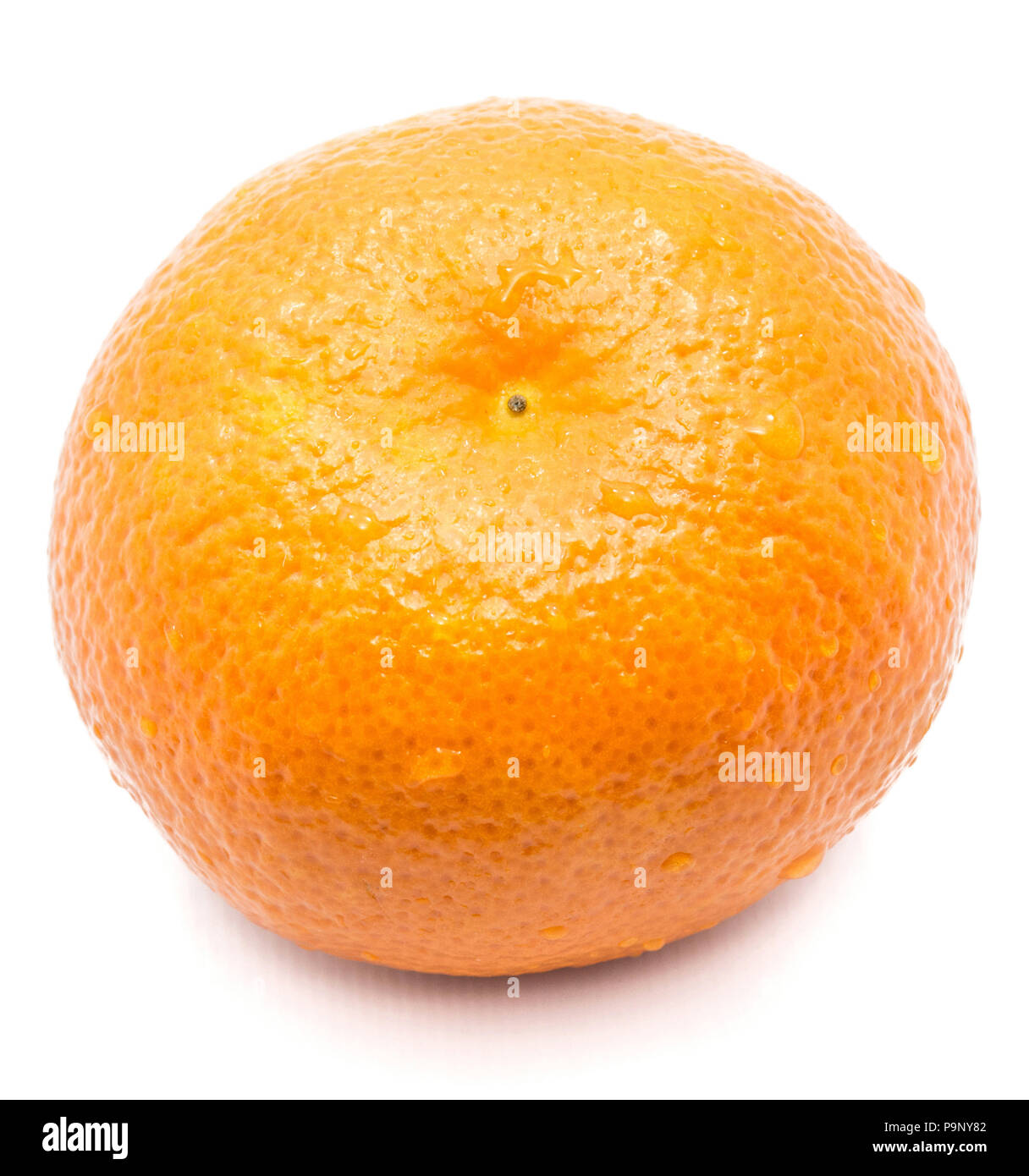 One whole Clementine with water drops isolated on white background ...