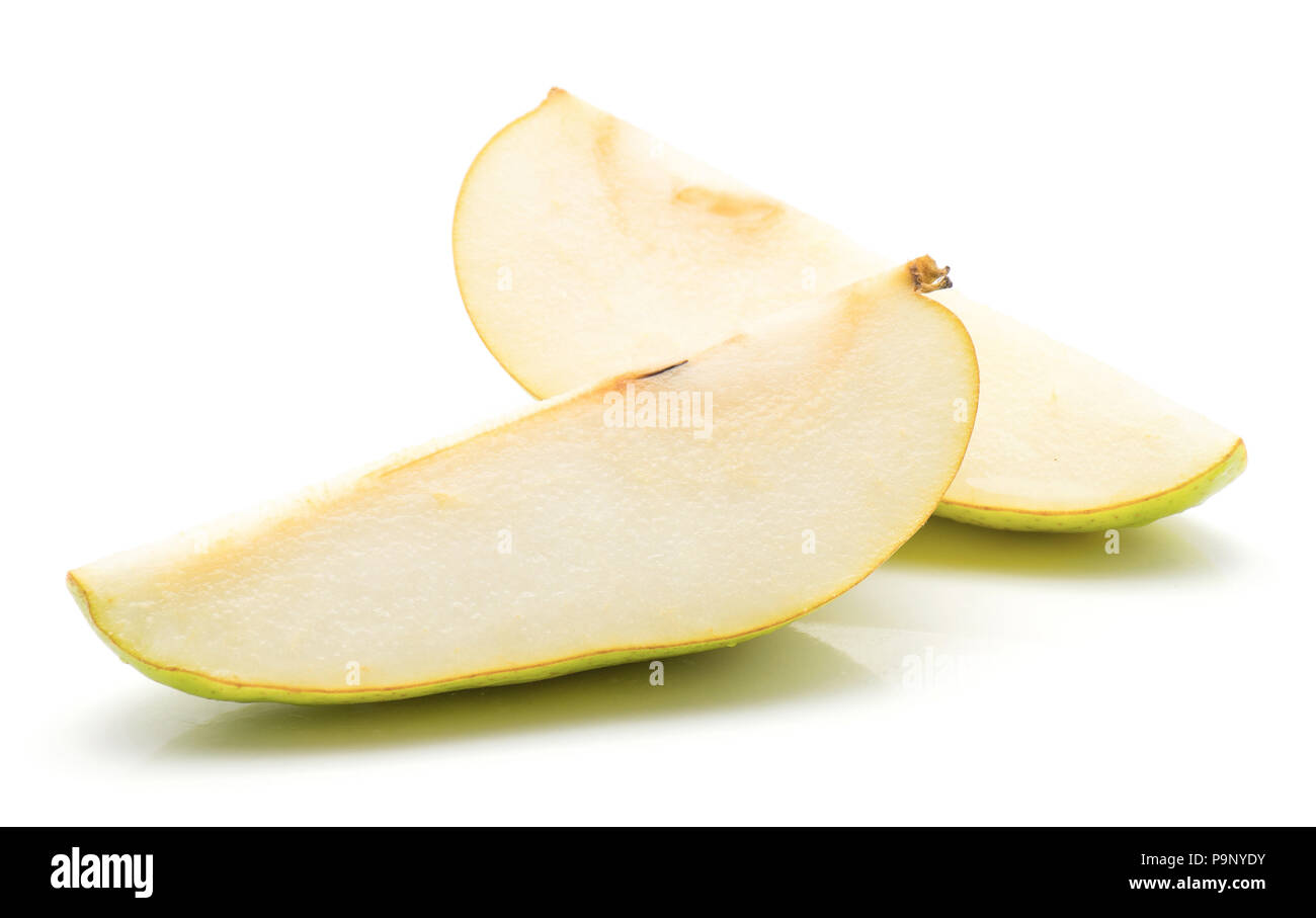 Two green pear slices isolated on white background Stock Photo - Alamy