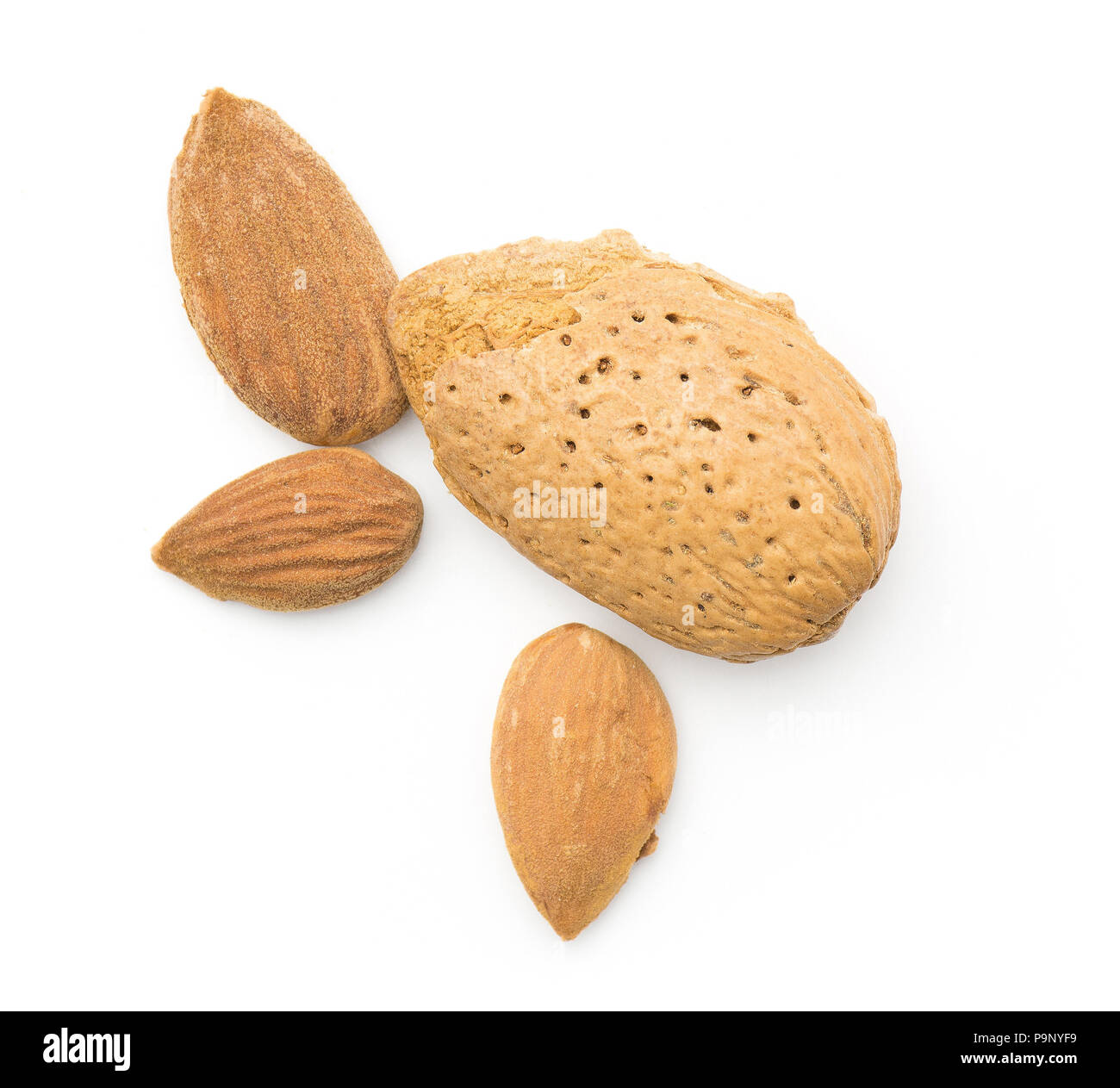 Almonds top view isolated on white background three shelled nuts and ...