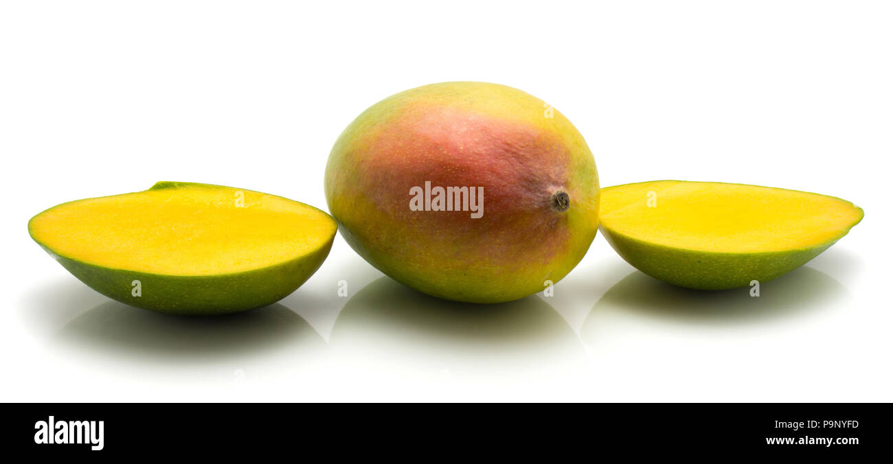 Mango isolated on white background one whole two halves Stock Photo - Alamy