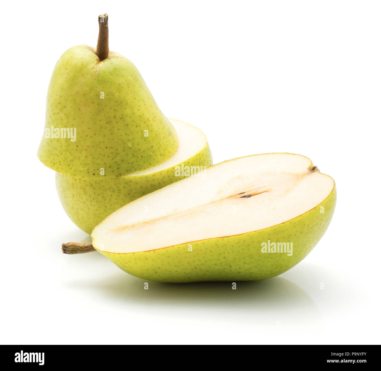 Sliced green pear with cross section half isolated on white background ...