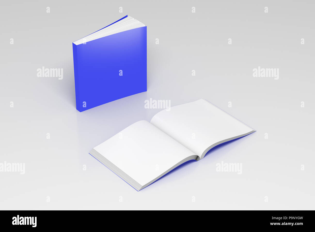 Blank blue square soft cover books open and standing on white background. Isolated with clipping ...