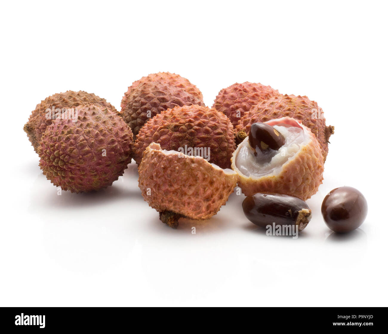 Lychee berries stack isolated on white background ripe pink fresh six ...