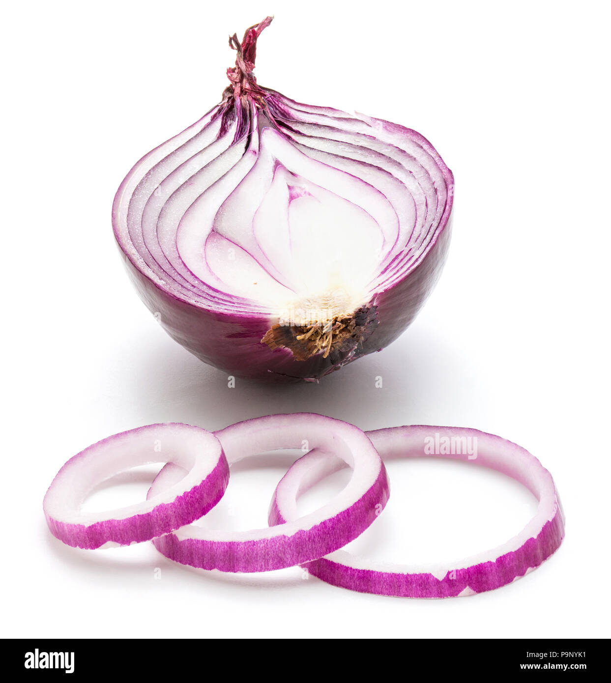 Three red onion rings isolated on white background one half Stock Photo ...