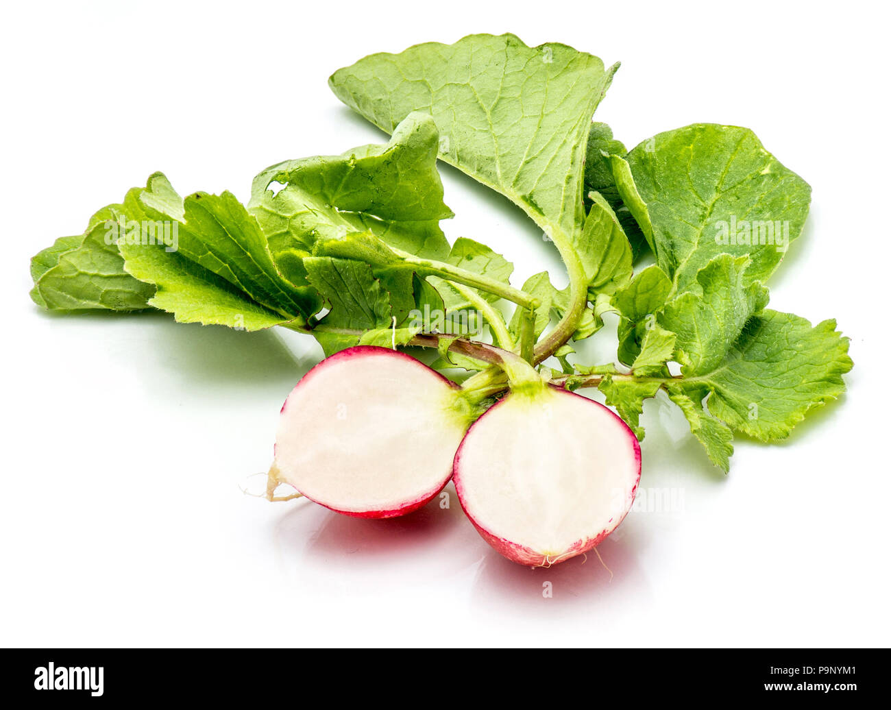Sliced red radish, two halves, fresh green leaves, isolated on white ...