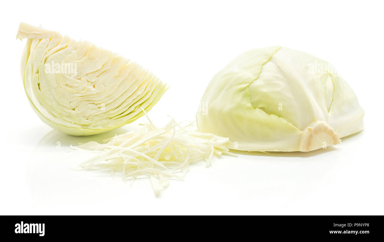 Sliced white cabbage quarter, chopped stack and one half isolated on ...