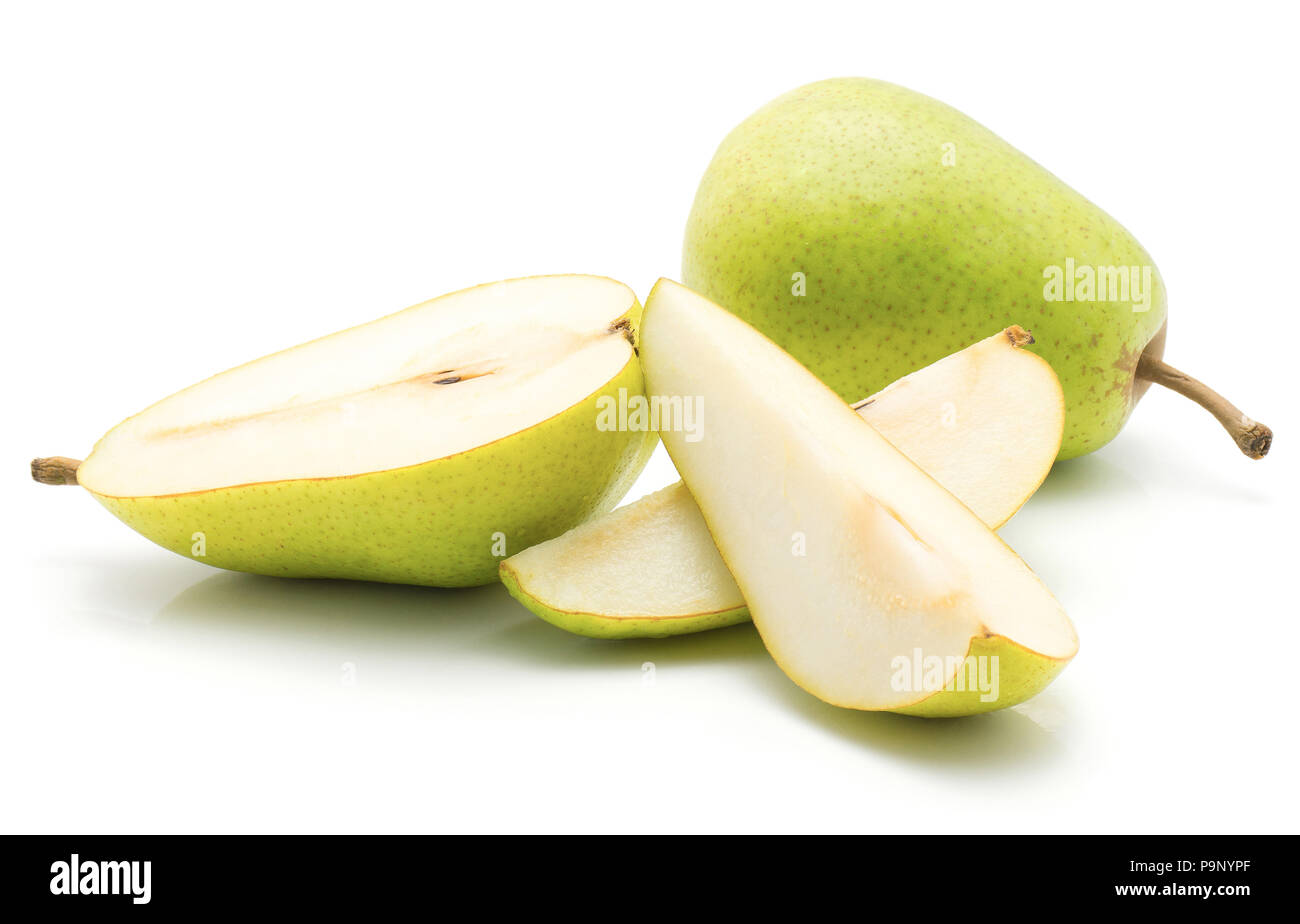 Green pears stack isolated on white background one whole one half and ...