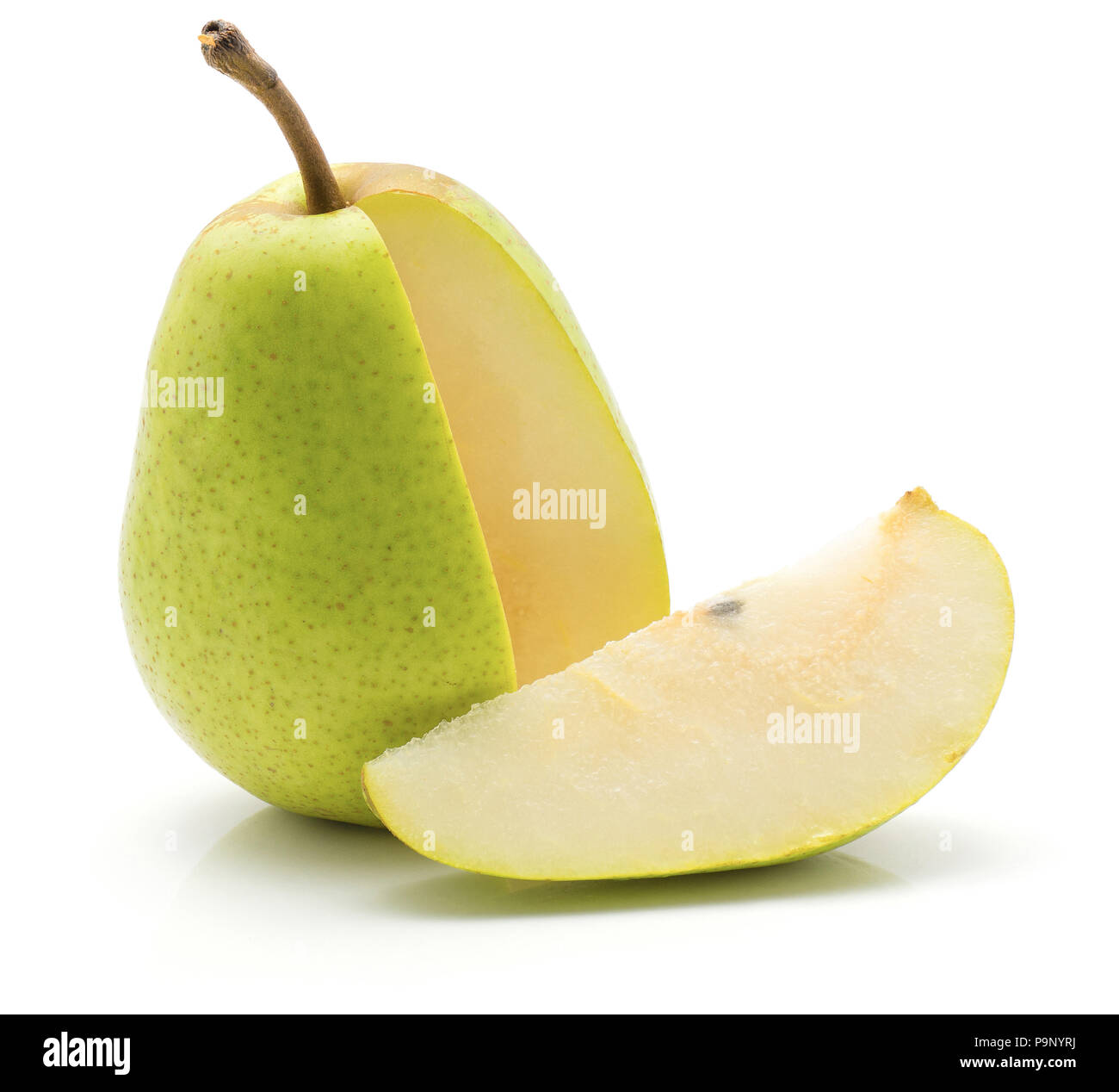 Open green pear and one slice isolated on white background Stock Photo ...