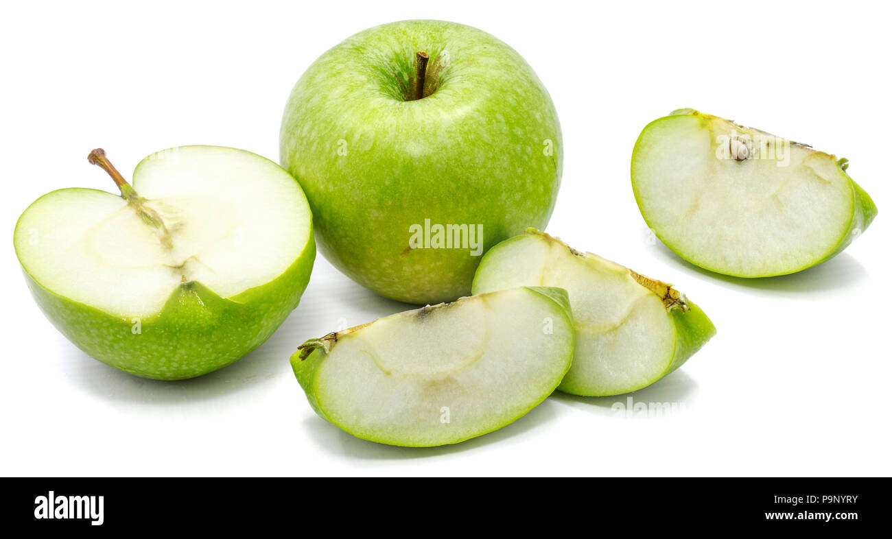 One whole apple Granny Smith, three slices and one half, isolated on ...