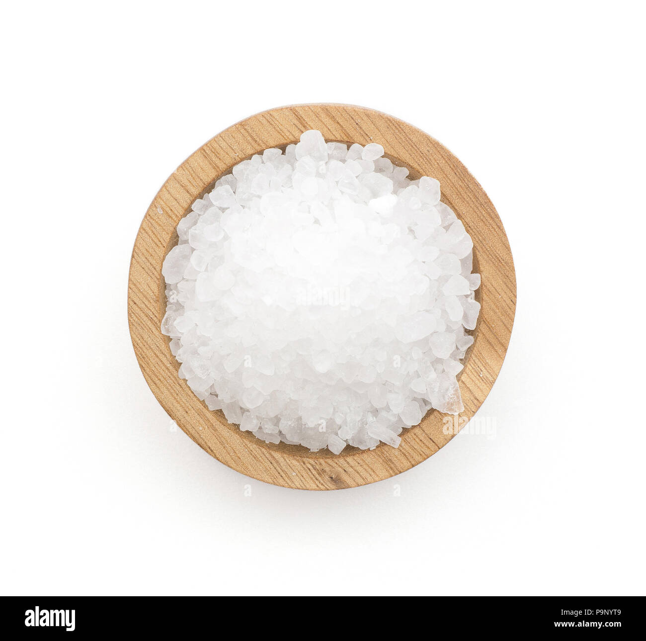 Sea salt in a wooden bowl top view isolated on white background Stock ...