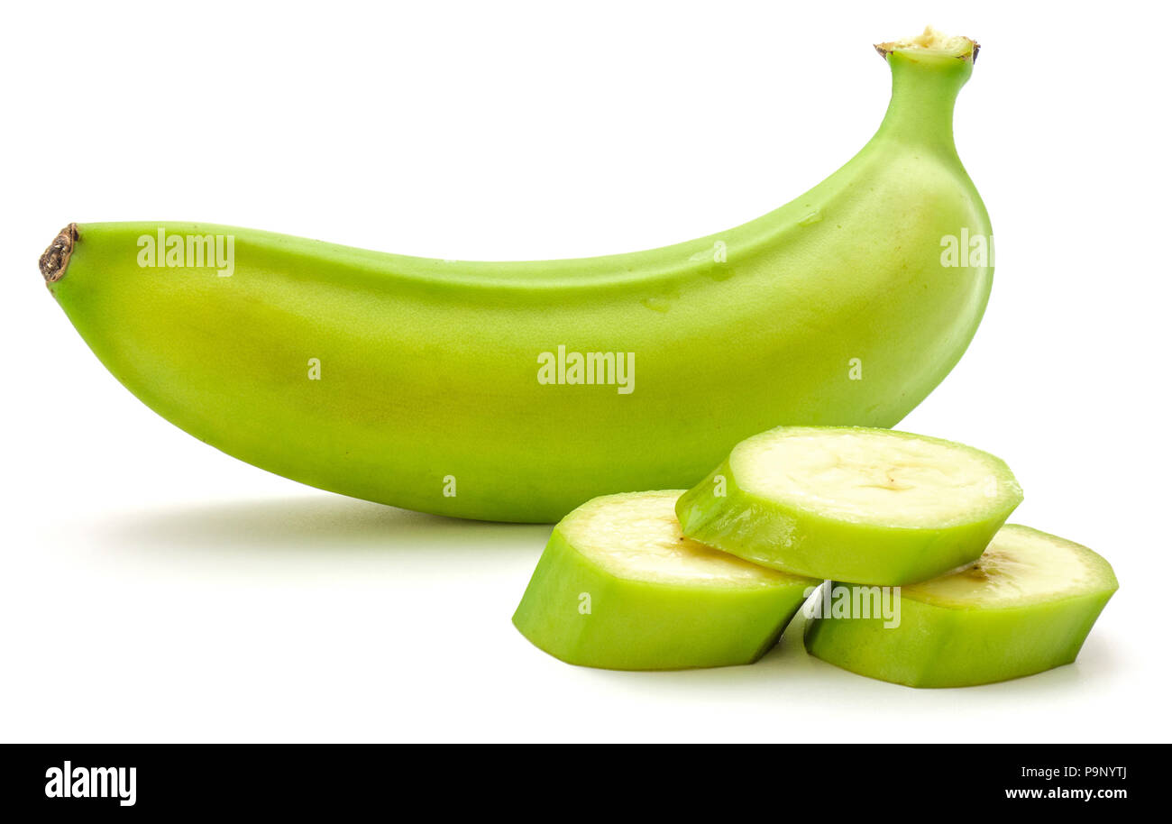 One whole plantain and three slices isolated on white background Stock ...