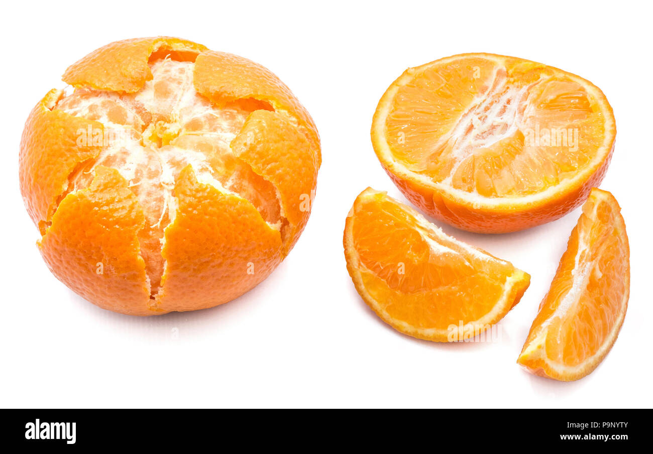 One peeled Clementine, one half and two slices isolated on white ...