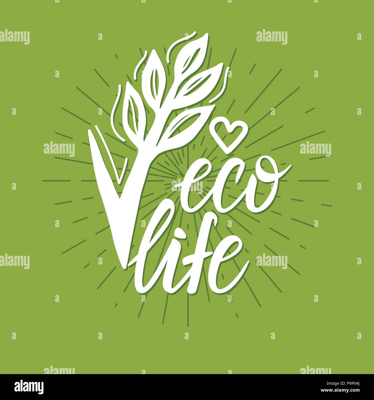 Vector Eco life inscription lettering on a green background with rays ...