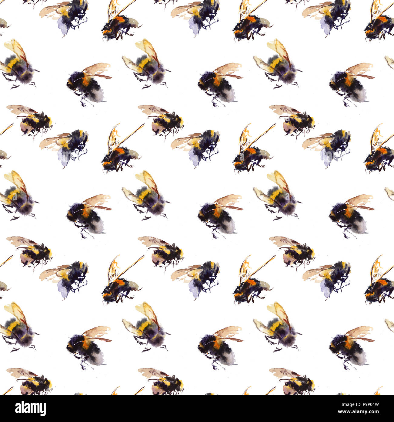 Watercolor bees seamless pattern isolated on white background. hand ...