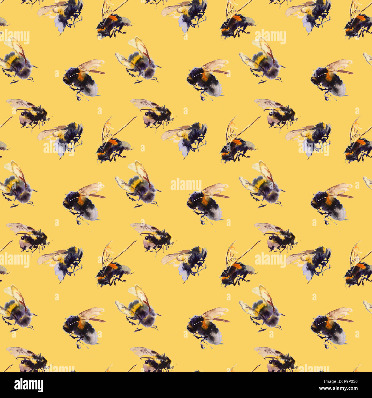Watercolor bees seamless pattern isolated on white background. hand ...