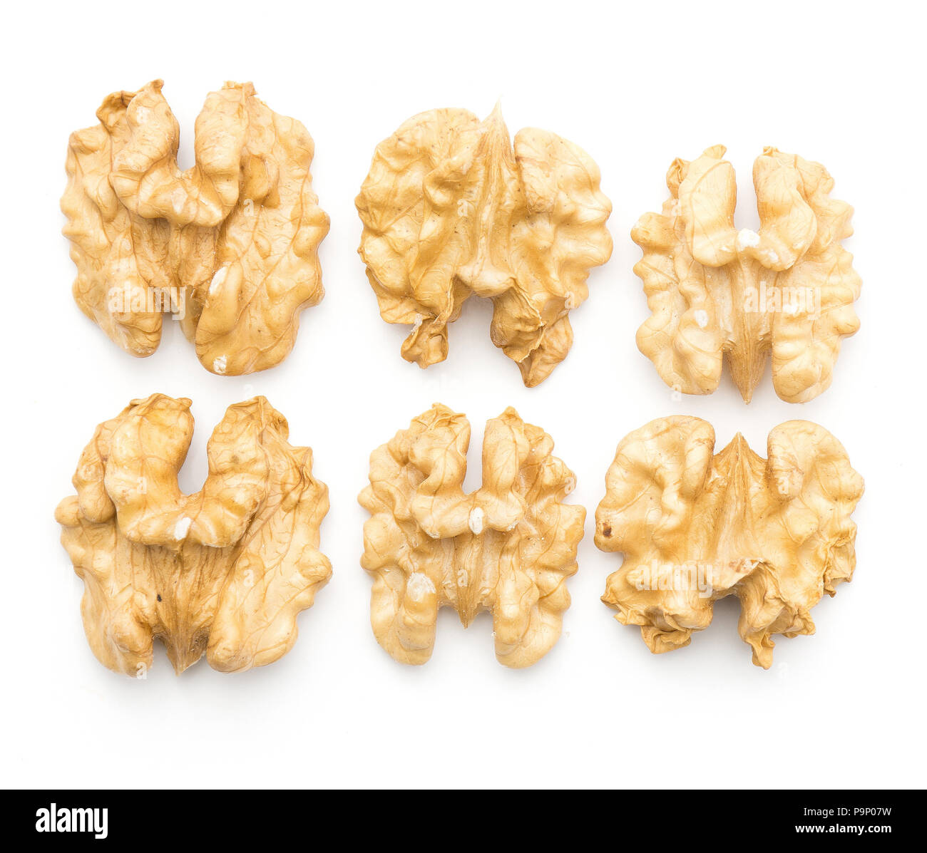 Shelled walnuts top view collection isolated on white background six ...