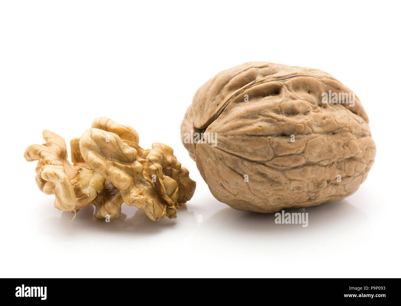 One shelled walnut half and one unshelled isolated on white background ...