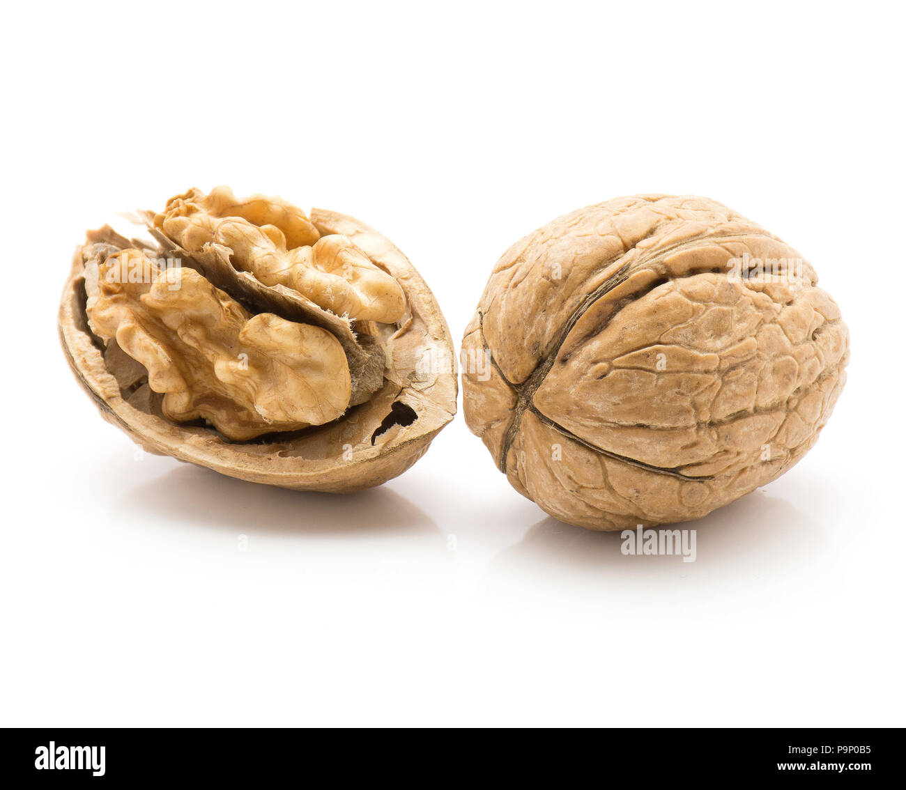 Two walnuts isolated on white background one open and whole Stock Photo ...